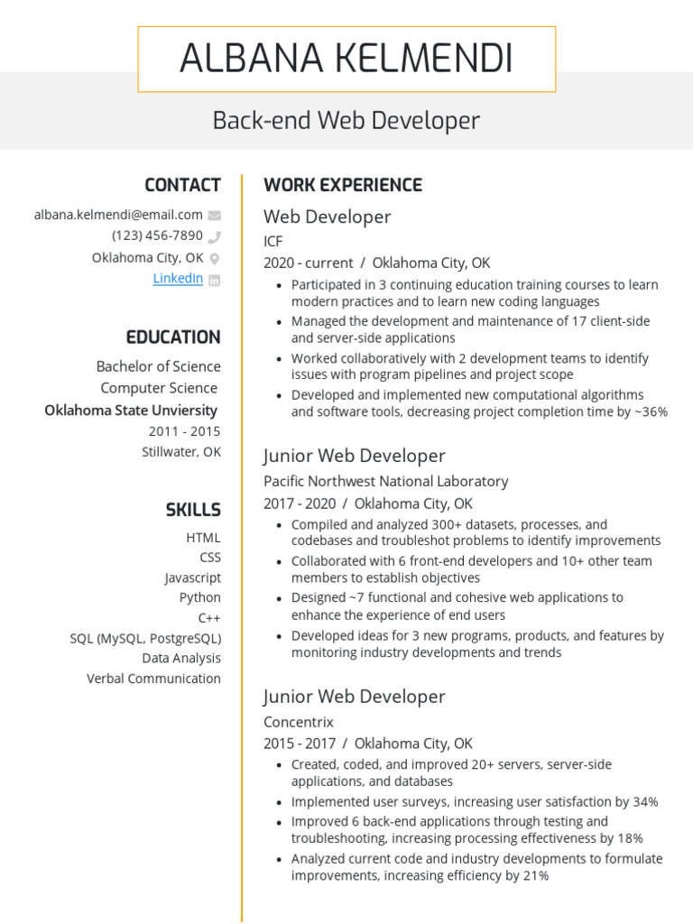 Backend Web Developer Resume Example | PDF | World Wide Web | Internet & Web