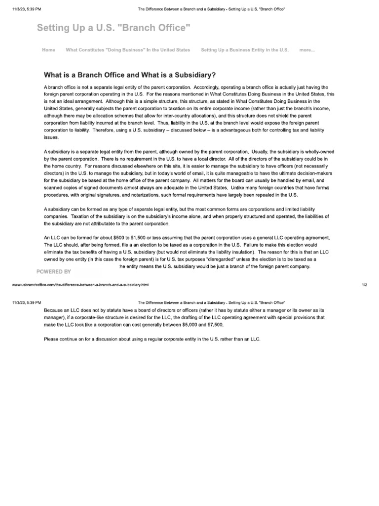 Branch Vs Subsidiary | PDF