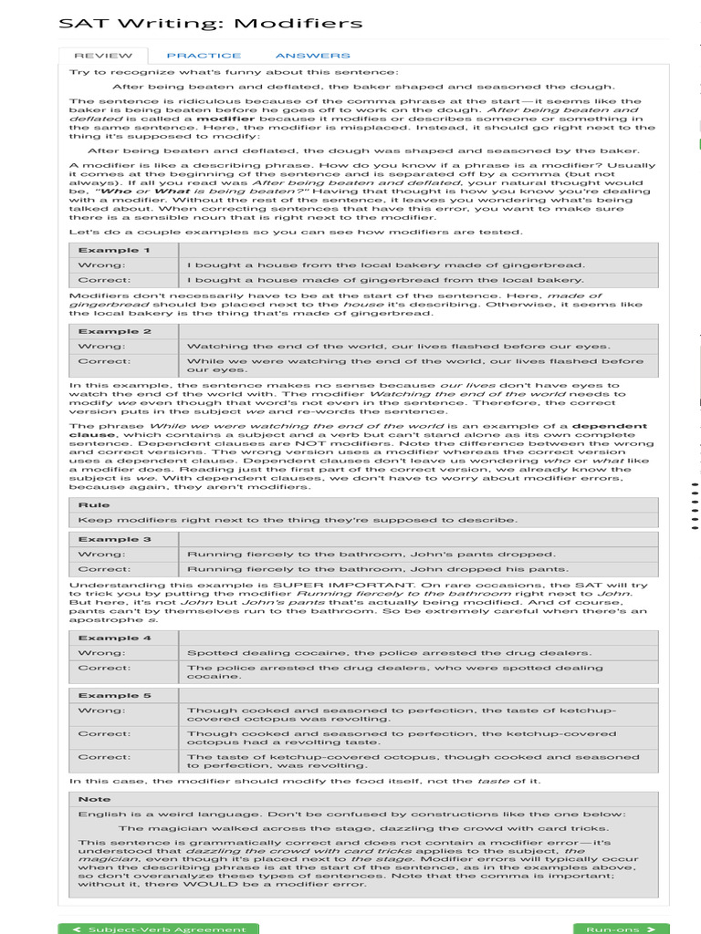 SAT Writing Modifiers - The College Panda 2 | PDF | Question | Pronoun
