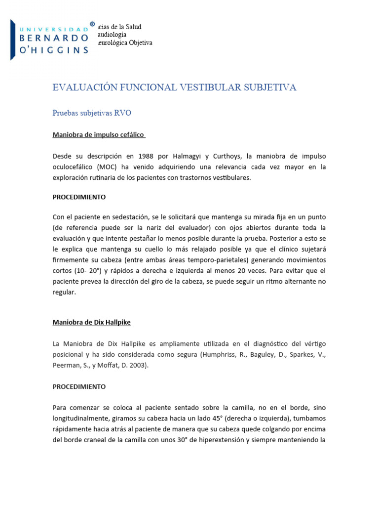 Evaluación Funcional Vestibular Subjetiva | PDF