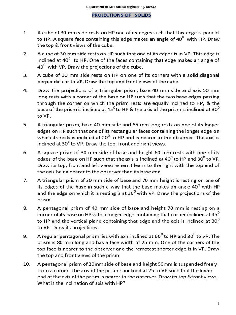 QuestionBank Projection of Solids | PDF | Euclidean Geometry ...