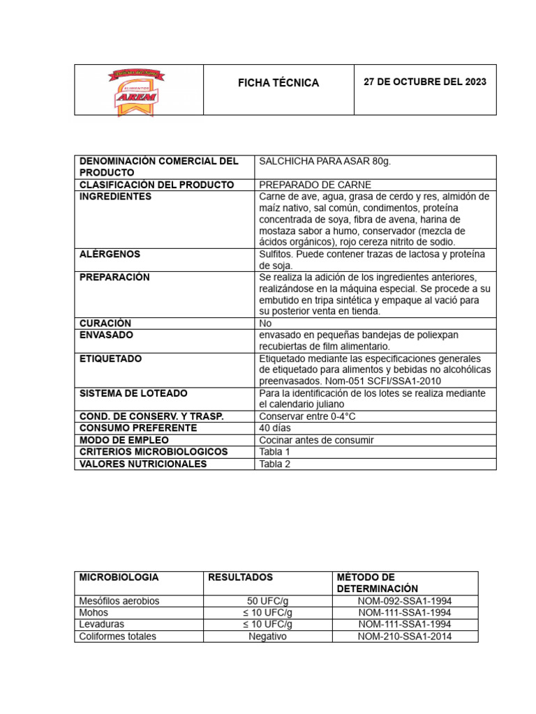 Ficha Técnica | Descargar gratis PDF | Carne | Alimentos