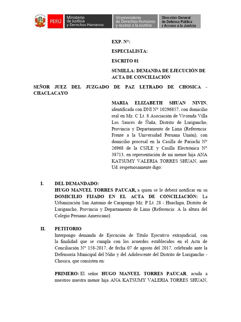 Demanda de Ejecucion de Acta de Conciliacion Alimentos - Maria ... Demanda de Ejecucion de Acta de Conciliacion Alimentos - Maria ...