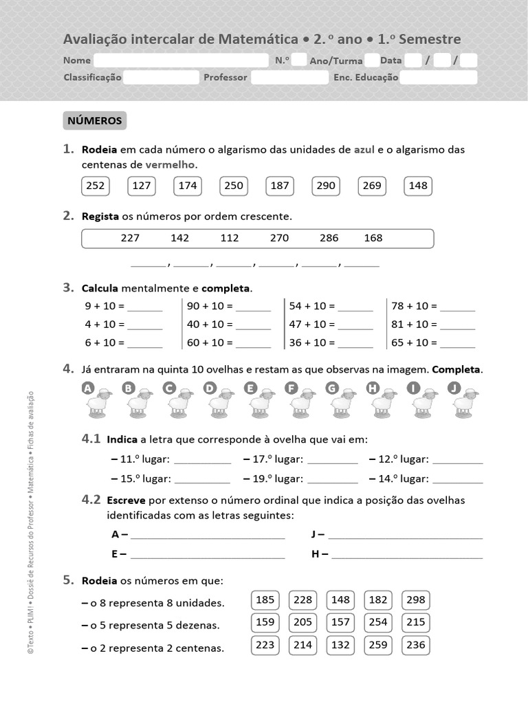 NL MAT Ficha Intercalar 1 Semestre 2 Ano | PDF | Matemática