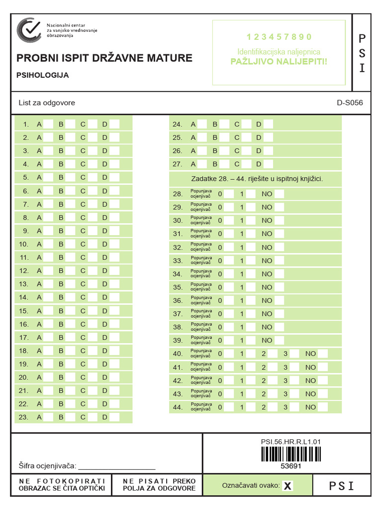 Probni Ispit Državne Mature: Identifikacijska Naljepnica | PDF