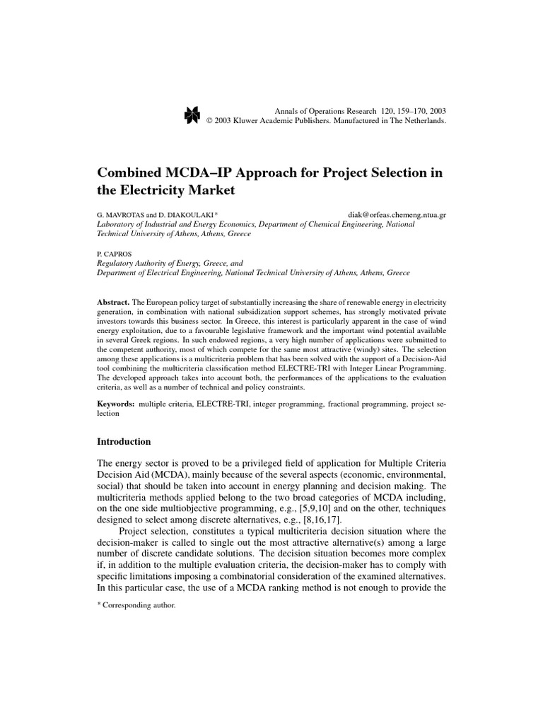 Combined MCDA-IP Approach For Project Selection in The Electricity Market | Download Free PDF ...