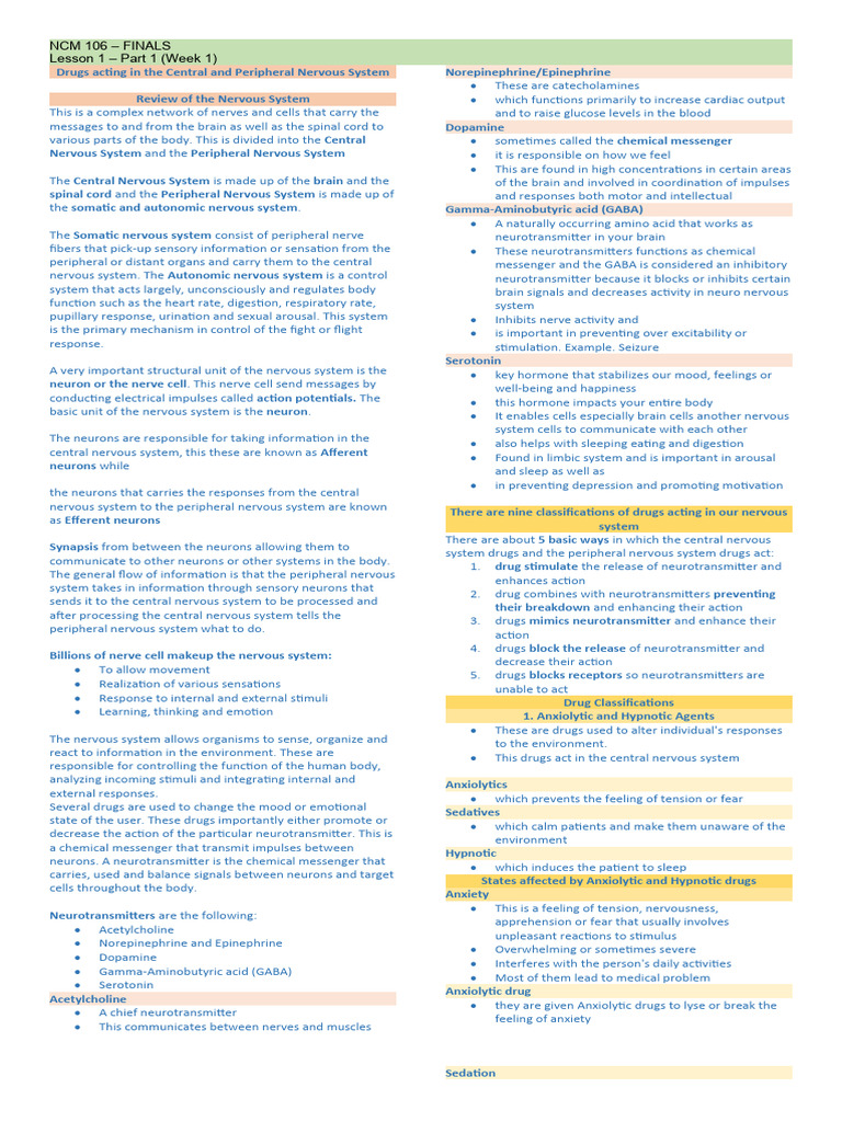 FINALS NCM 106 Lesson 1 Part 1 Drugs Acting in The Central and Peripheral Nervous System Week 1 ...