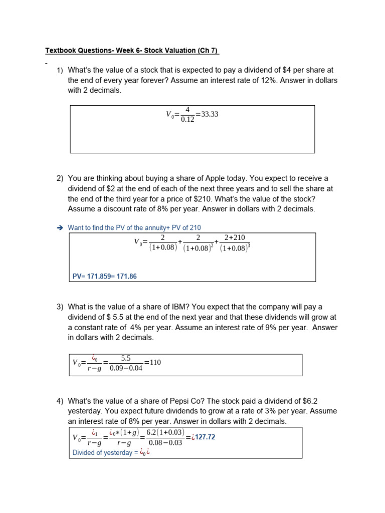 Textbook Questions - Week 6 - Stock Valuation (CH 7) | PDF | Dividend ...