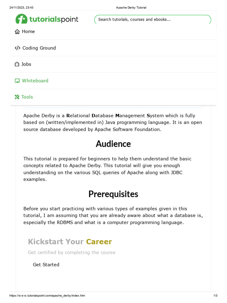 Apache Derby Tutorial | PDF | Databases | Sql
