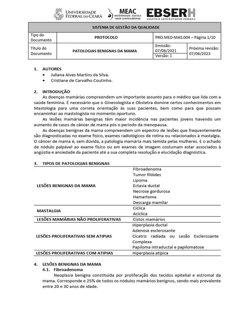 Pro - Med-Mas.004 - V1 Patologias Benignas Da Mama | PDF | Câncer de mama | Câncer