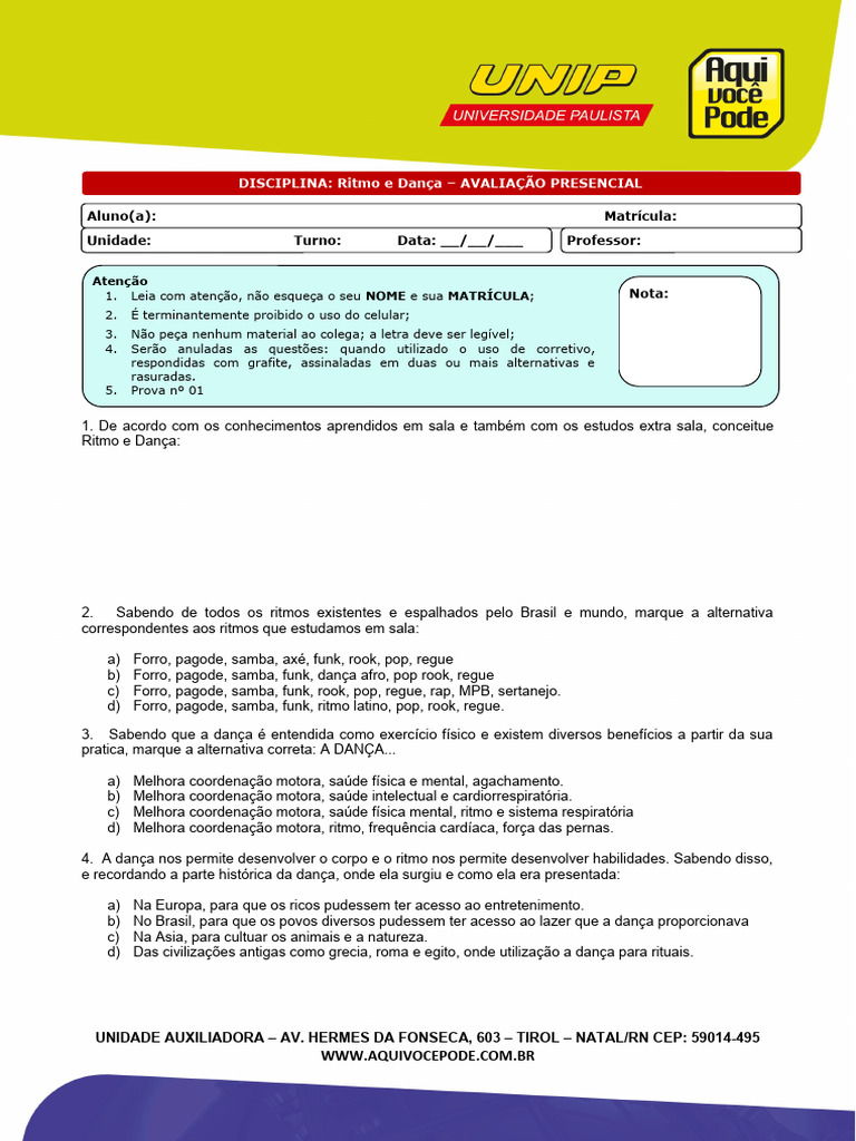 Instruções para Prova de Ritmo e Dança | PDF | Danças