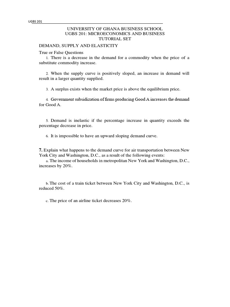 UGBS 201 - TUTORIAL SET 1 - Demand and Supply | PDF | Supply (Economics ...
