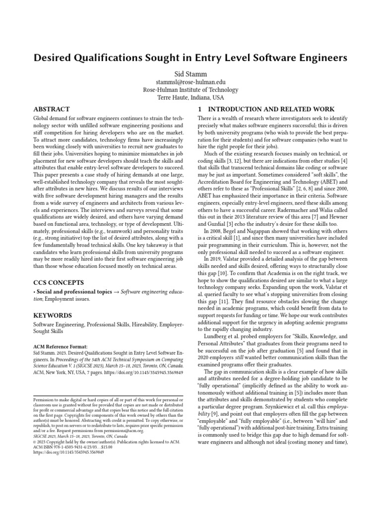 Desired Qualifications Sought in Entry Level Software Engineers | PDF ...