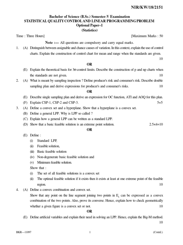 Bachelor of Science (B.SC.) Semester-V Examination Statistical Quality Control and Linear ...