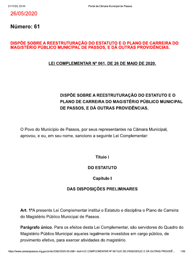 Lei Complementar #061-2020 - Estatuto e Plano de Carreira Do Magistério Público Municipal de ...