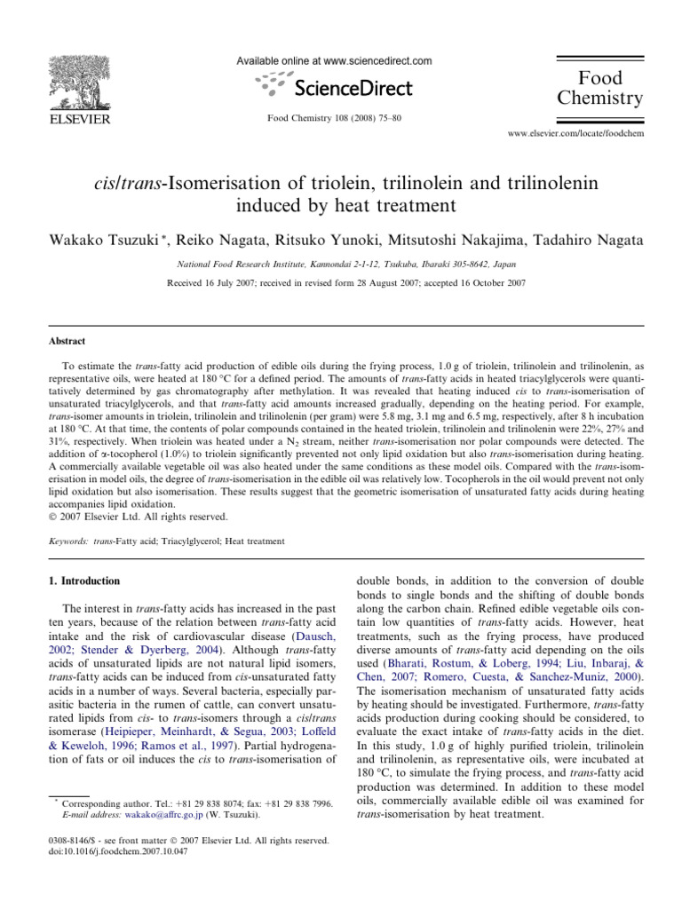 Cistrans-Isomerisation of Triolein, Trilinolein and Trilinolenin | PDF | Trans Fat | Triglyceride