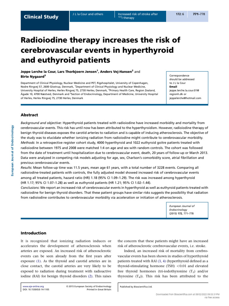Radioiodine Therapy Increases The Risk of Cerebrovascular Events in Hyperthyroid and Euthyroid ...