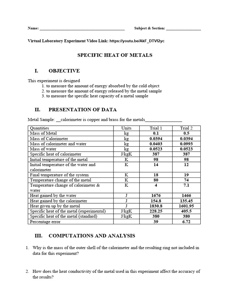 Activity 3 Specific Heat of Metals | PDF | Heat | Mass
