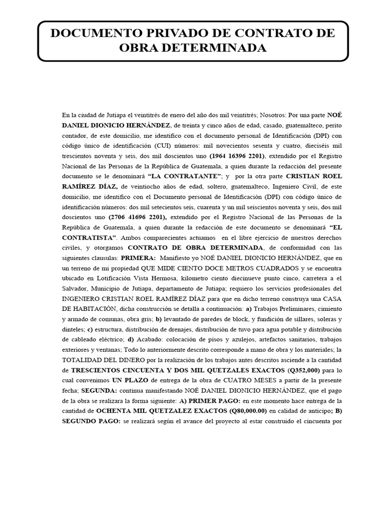 Contrato de Obra Determinada - Cristian Roel Ramírez Díaz | PDF ...