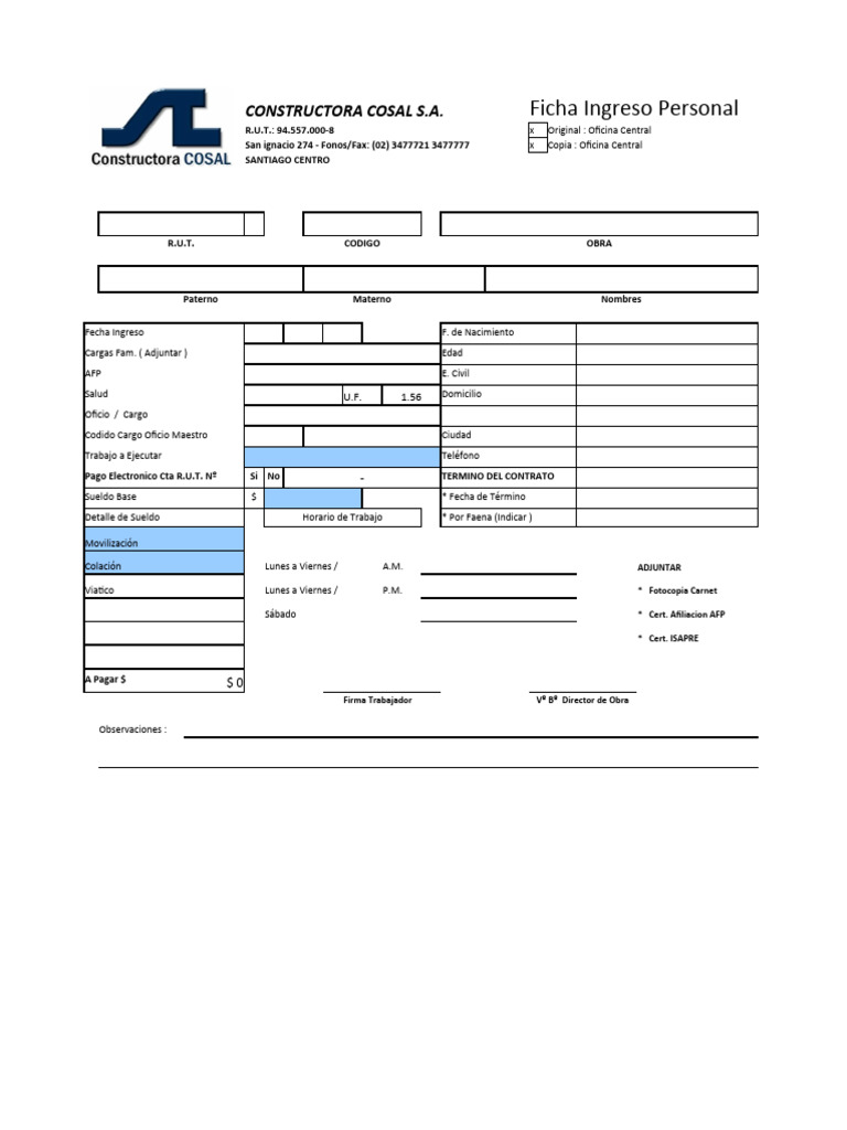 Ficha de Ingreso Personal Constructora Cosal | PDF