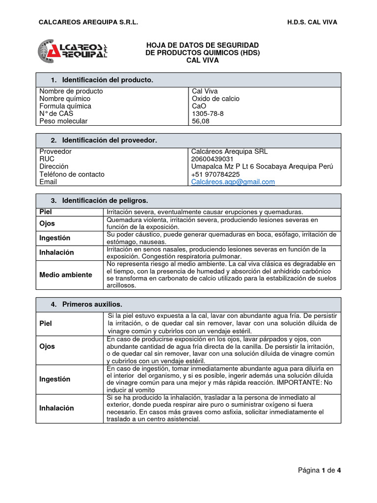 Hoja de Seguridad Cal Viva | PDF | Agua | Quemar