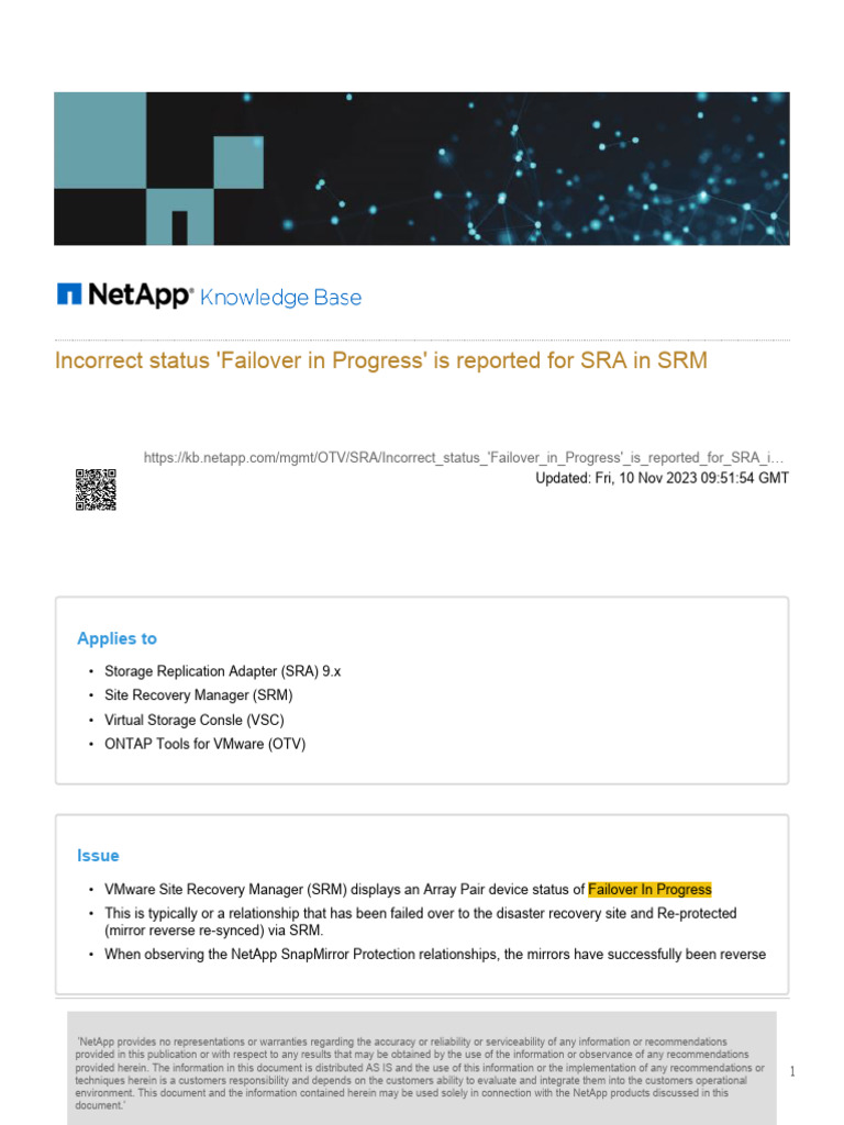 Incorrect Status 'Failover in Progress' Is Reported For SRA in SRM | PDF | Data | Computer Data