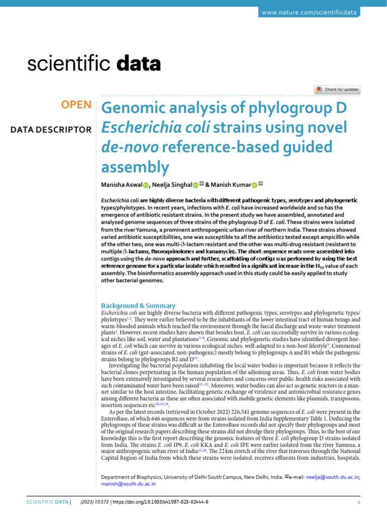 Genomic Analysis of Phylogroup D Assembly: Escherichia Coli Strains Using Novel De-Novo ...