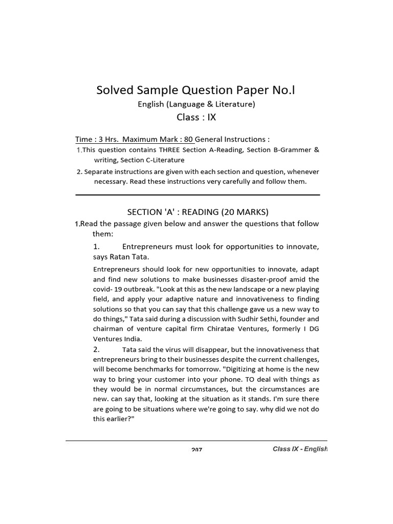 Eng Sample Paper Class 9 2022-23 | PDF | Cotton | Entrepreneurship