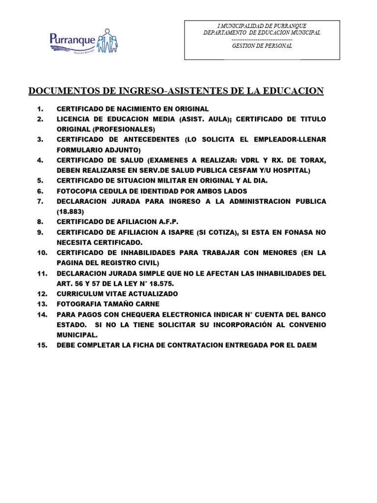 Documentos de Ingreso-Daem | PDF