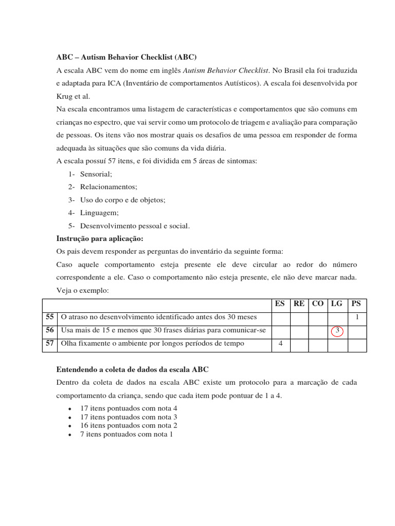 ESCALA ABC - (Lista de Checagem de Comportamento Autístico) | PDF