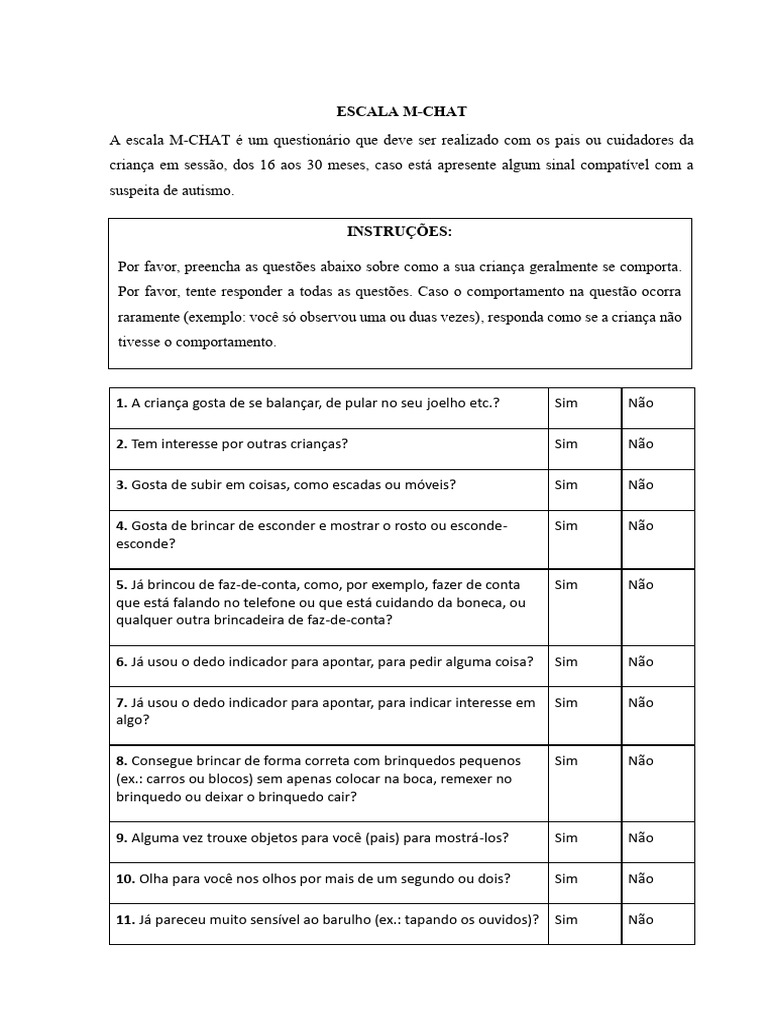 Escala M-Chat | Download grátis PDF | Espectro do autismo | Brinquedos Escala M-Chat | Download grátis PDF | Espectro do autismo | Brinquedos