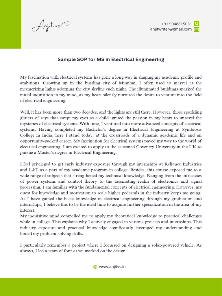 Sample SOP For MS in Electrical Engineering | PDF | Intelligence (AI ...