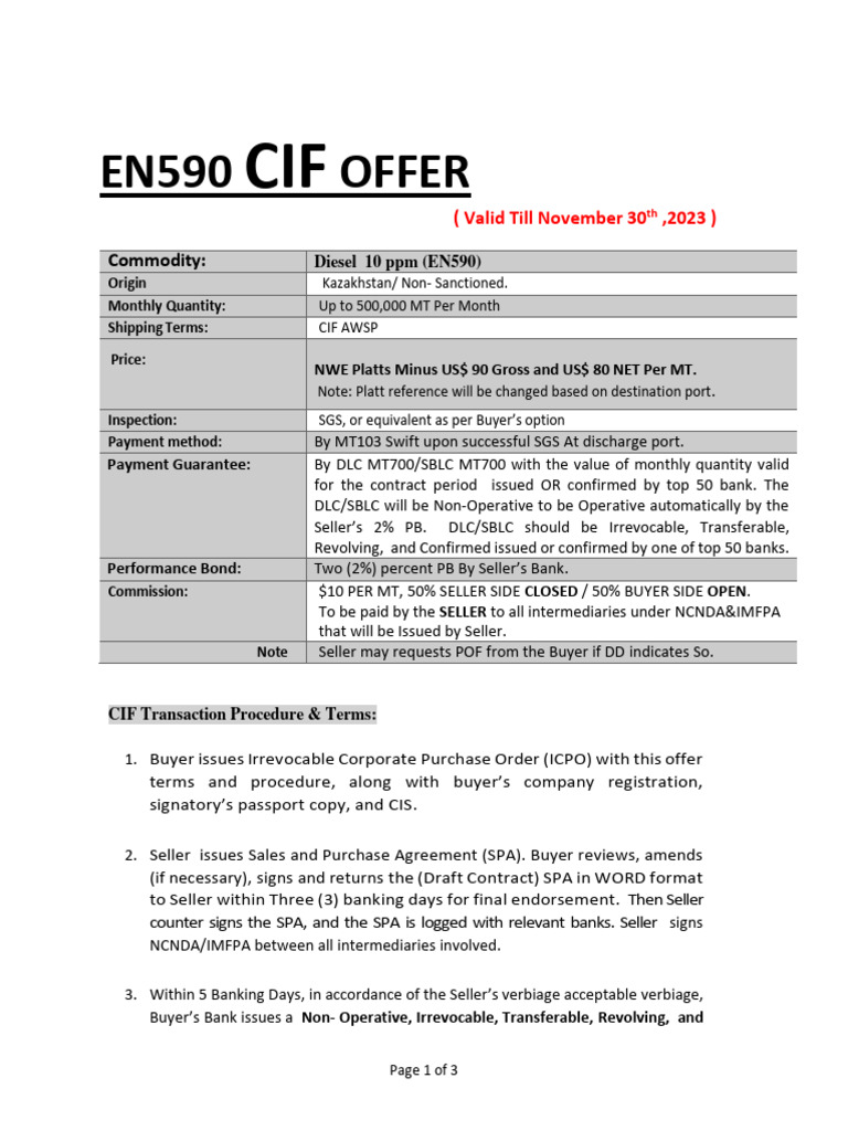 En590 Cif Offer | PDF | Letter Of Credit | Business