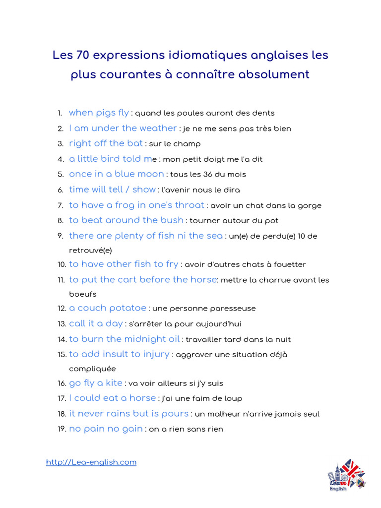 Les 70 Expressions Idiomatiques Les Plus Courantes en Anglais | PDF