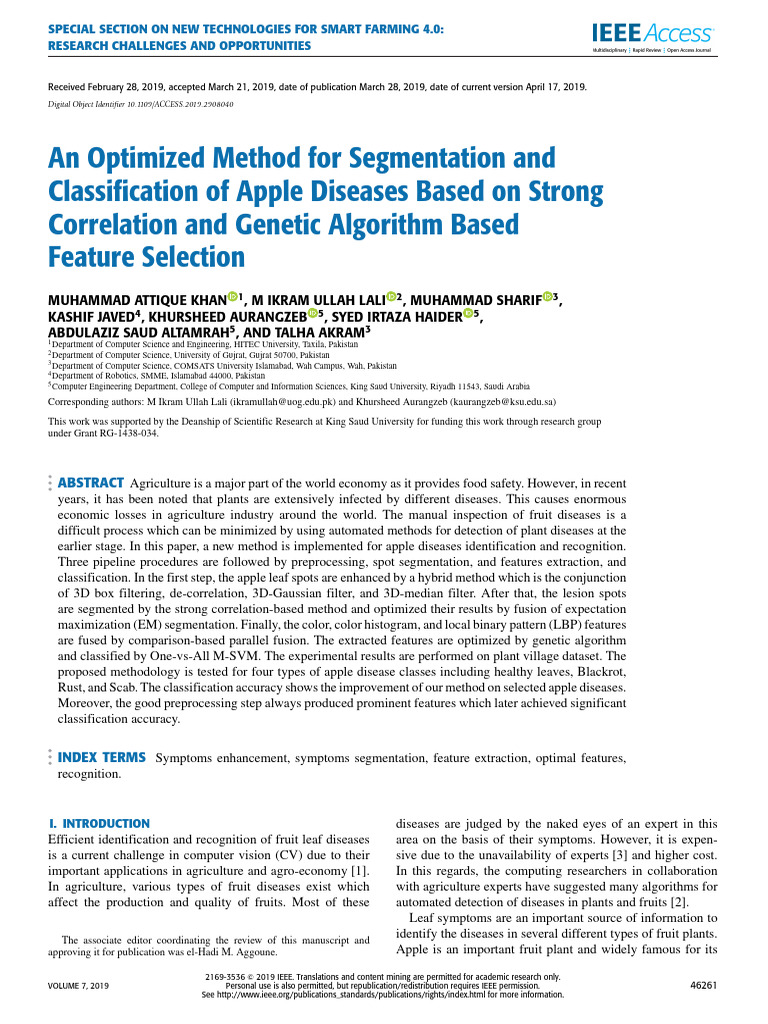 An Optimized Method For Segmentation and Classification of Apple Diseases Based On Strong ...