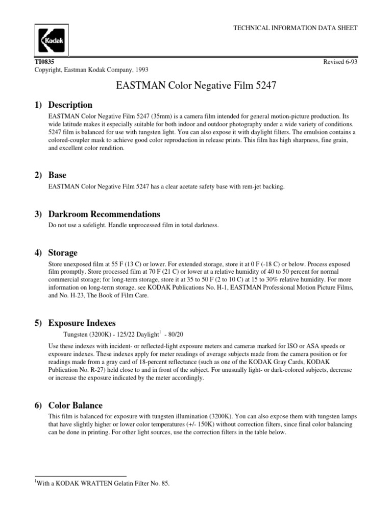 Eastman Color Negative Film 5247 | PDF | Film Speed | Exposure ...
