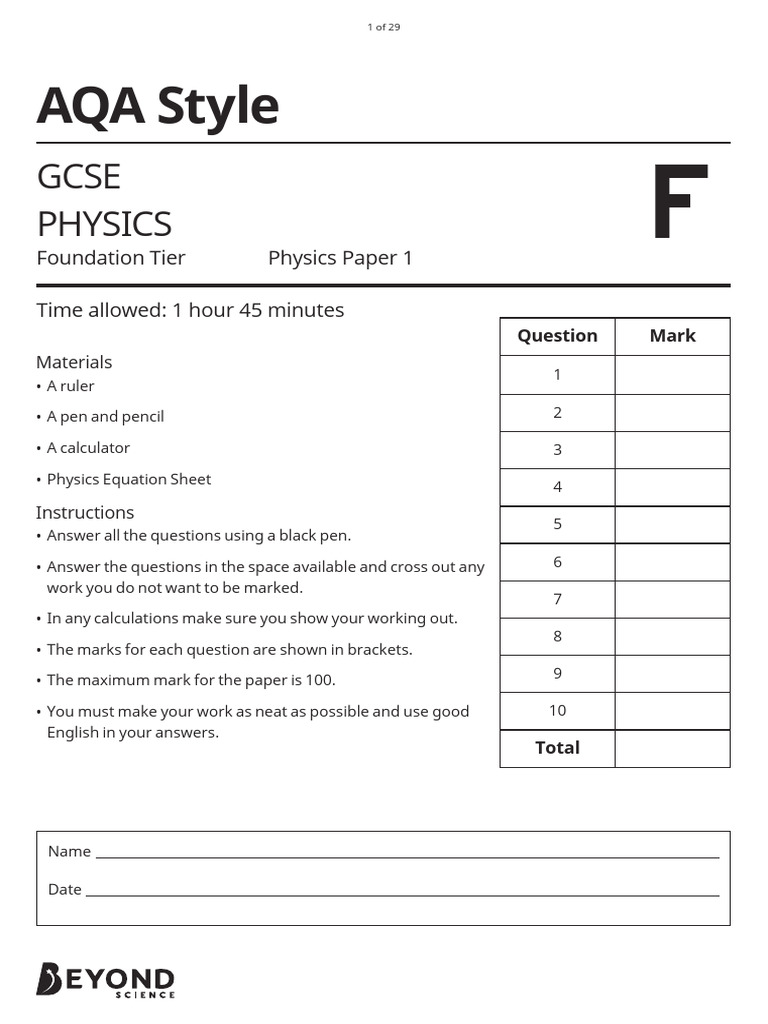 AQA GCSE Physics Paper 1 F (Separate) Question Paper | PDF | Nuclear ...