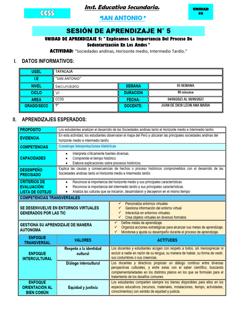 Sesion CCSS 1° Sec-Semana 05 Uni 5 | PDF | Enseñando | Evaluación