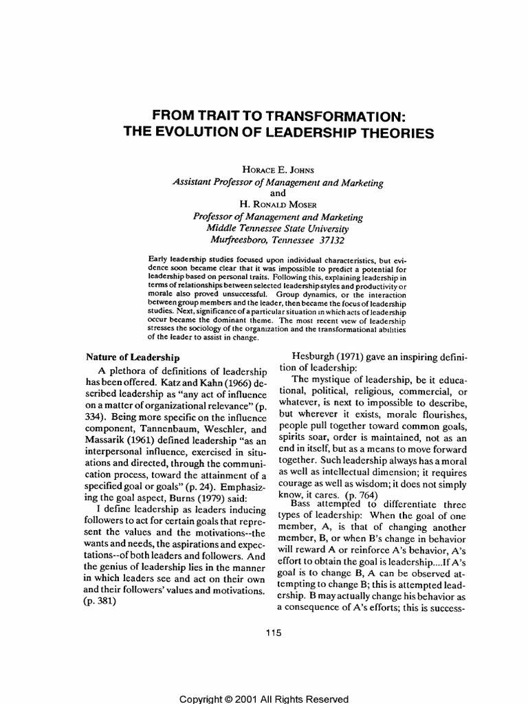 From Trait To Transformation - The Evolution of Leadership Theories. | PDF