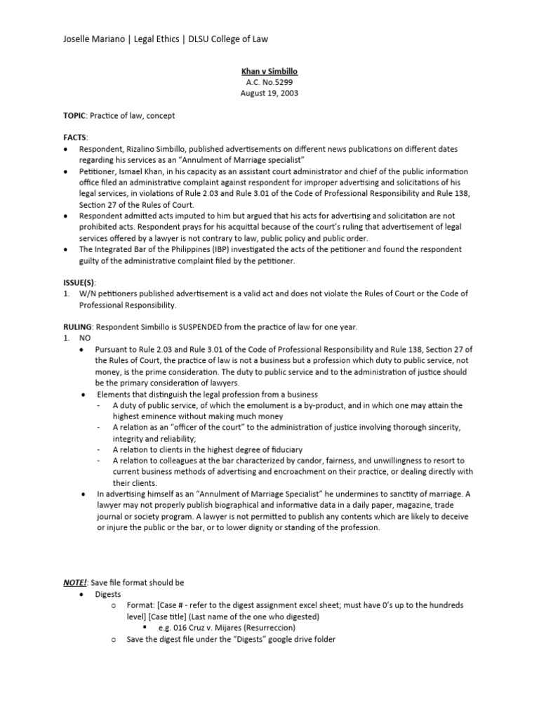 005 Khan V Simbillo Mariano | PDF | Lawyer | Complaint