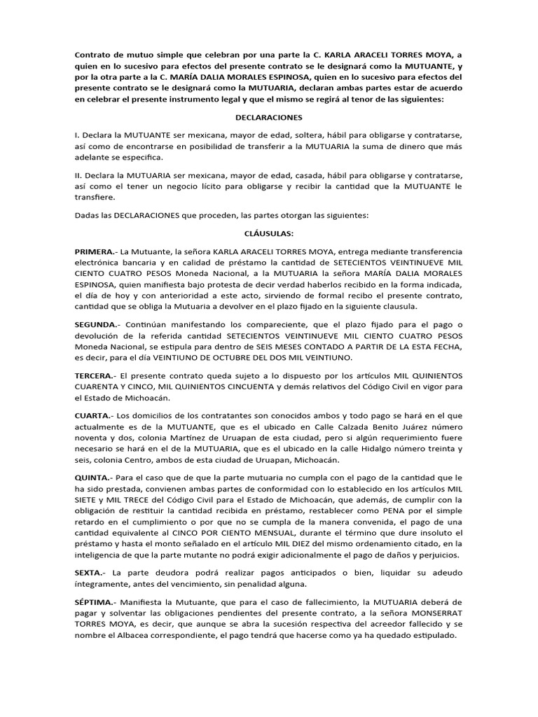 Contrato de Mutuo Simple | PDF | Pagos