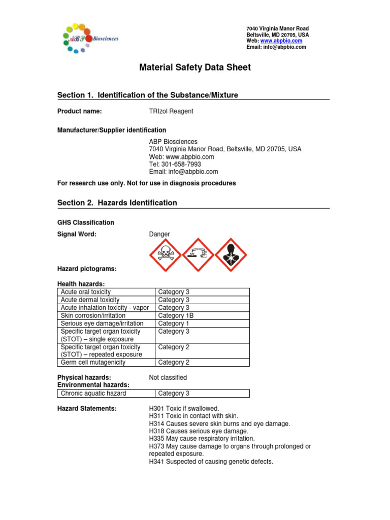 Msds TRIzol Reagent | PDF | Toxicity | Personal Protective Equipment