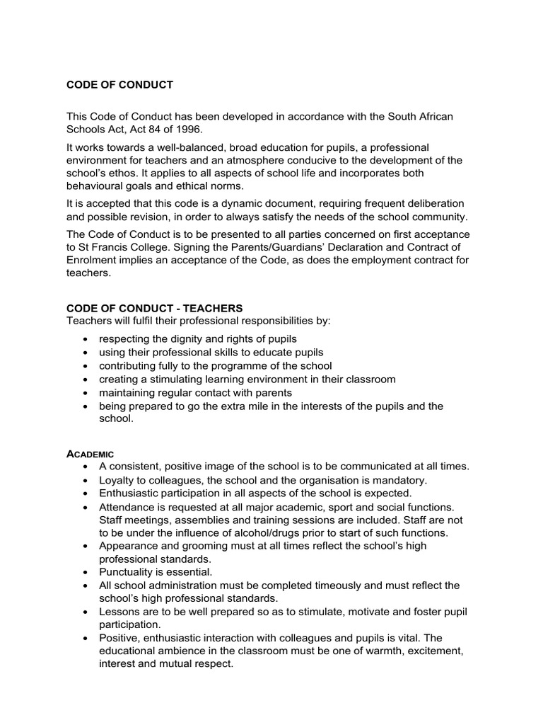 Code Conduct Pdf Teachers Psychological Concepts