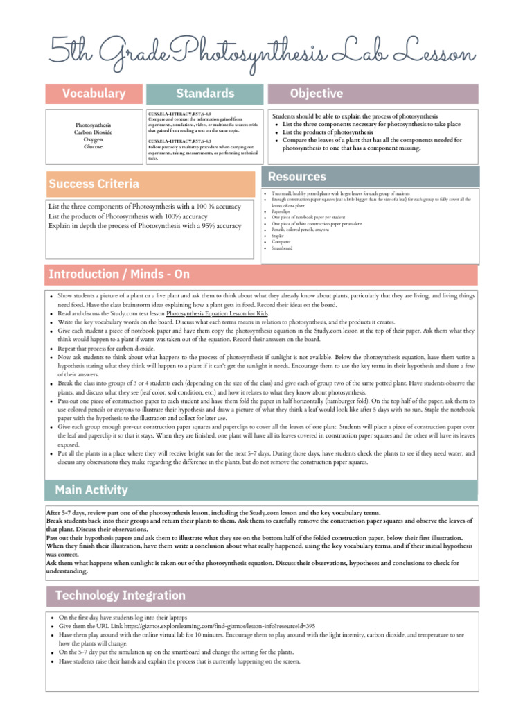 5th Grade Photosynthesis Lab Lesson | PDF | Photosynthesis | Leaf
