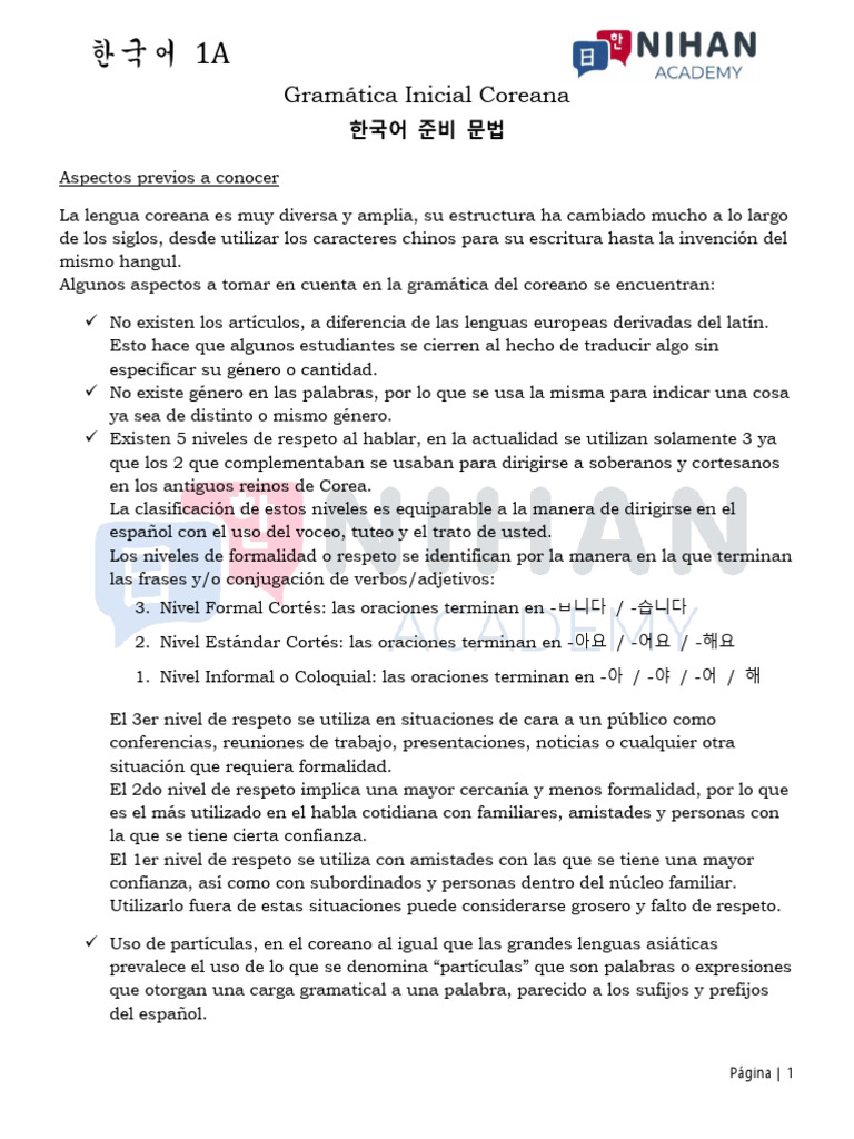 Gramática Coreana Básica y Niveles de Respeto | PDF | Verbo | Lenguaje ...