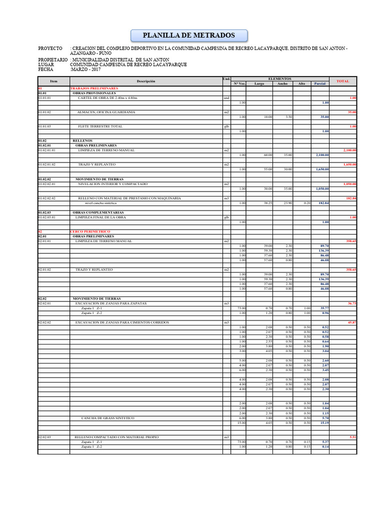 Planilla de Metrados Inst. de Conple Huatasani | PDF | Albañilería | Materiales de construcción