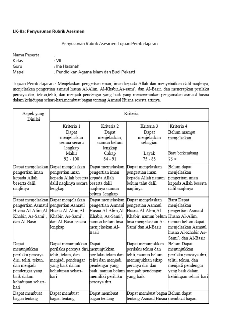 Rubrik Asesmen PAI Kelas VII | PDF