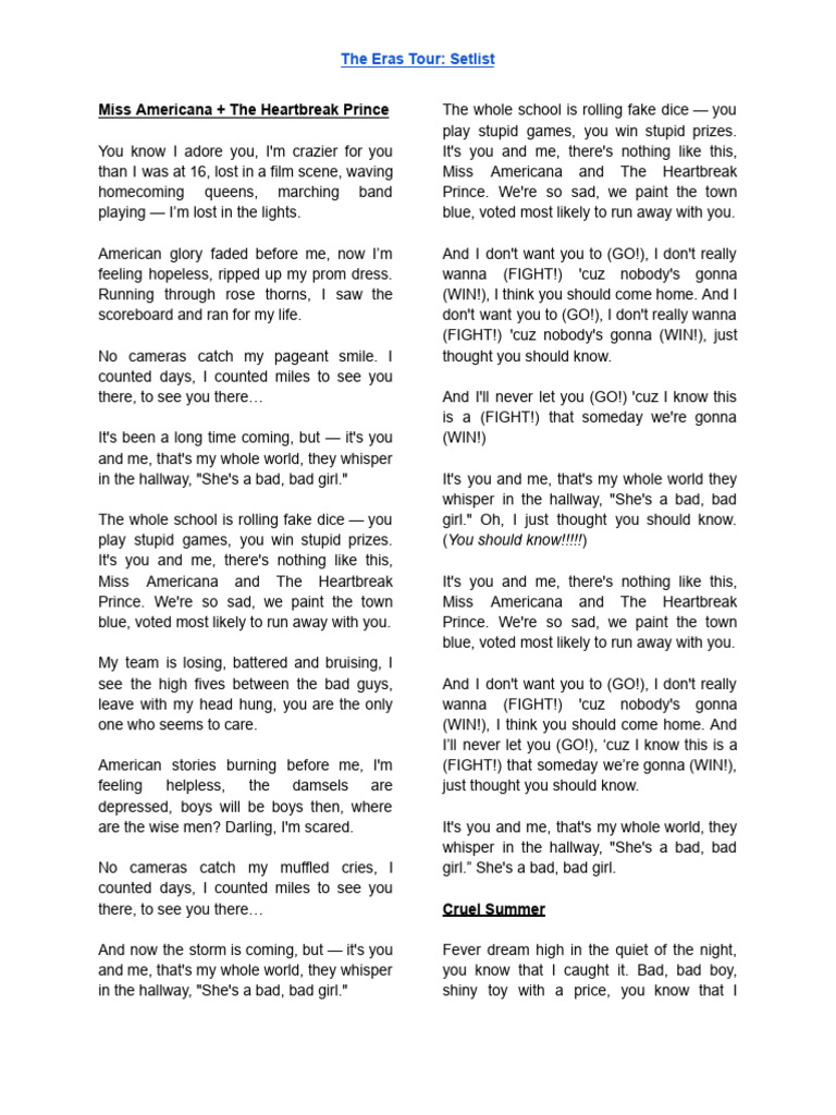 Eras Tour Setlist and Lyrics Overview | PDF | Art