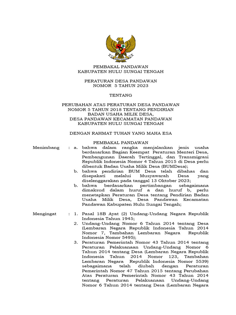 Perdes Pendirian Bumdes | PDF