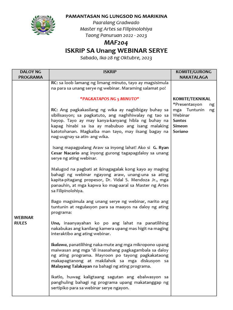 Iskrip-Unang Serye NG Webinar-Wika | PDF